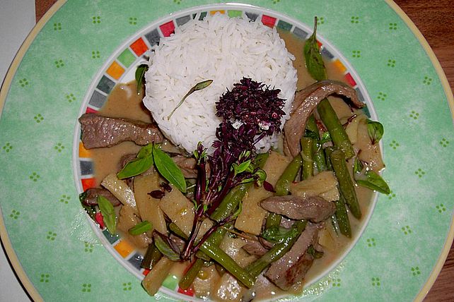 Rotes Rindercurry mit Schlangenbohnen und Bambussprossen von Surina ...