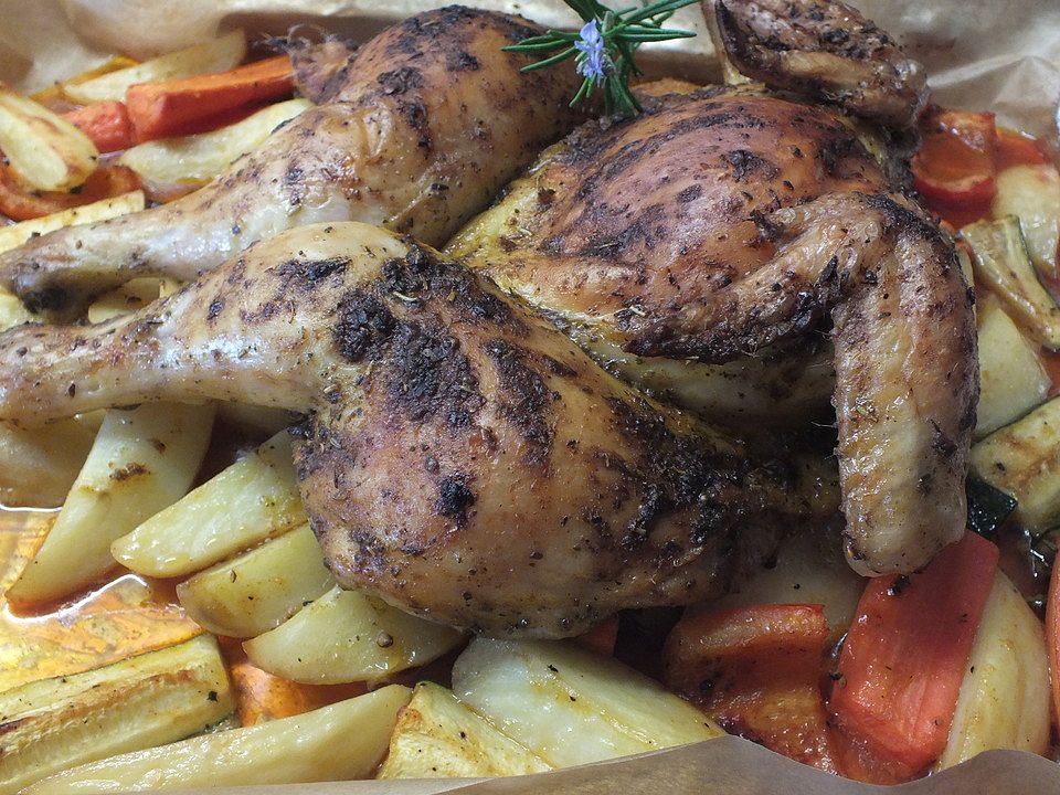 Plattes Huhn mit Kartoffelecken von Koelkast | Chefkoch