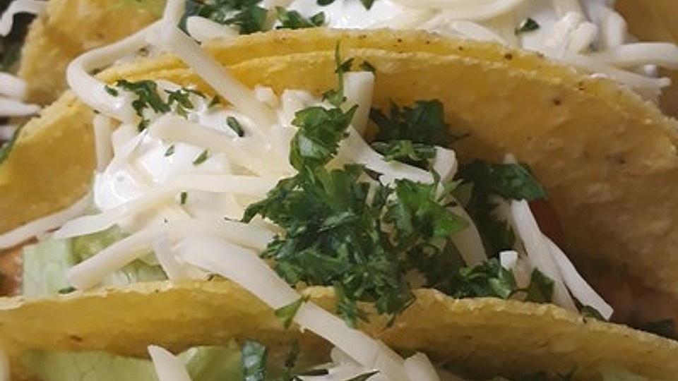 Taco Shell gefüllt mit einer Hack-Gemüse-Chili Mischung von ...