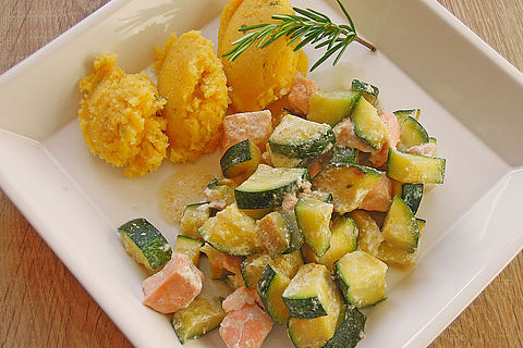 Zucchini-Lachs-Pfanne mit Rosmarin-Polenta von kleineSchildy